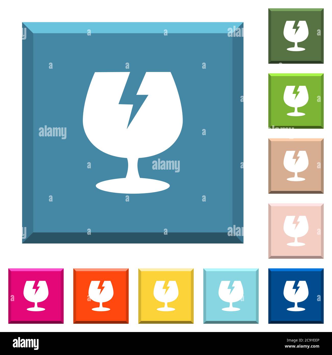 Fragile symbol white icons on edged square buttons in various trendy ...