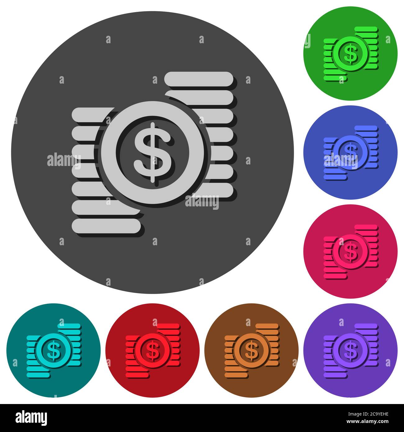 Dollar coins icons with shadows on color round backgrounds for material ...