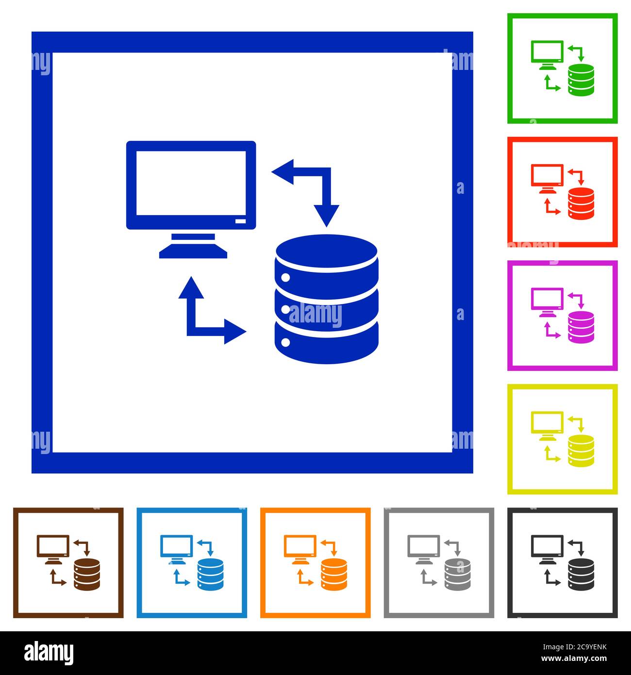 Syncronize Data With Database Flat Color Icons In Square Frames On White Background Stock Vector