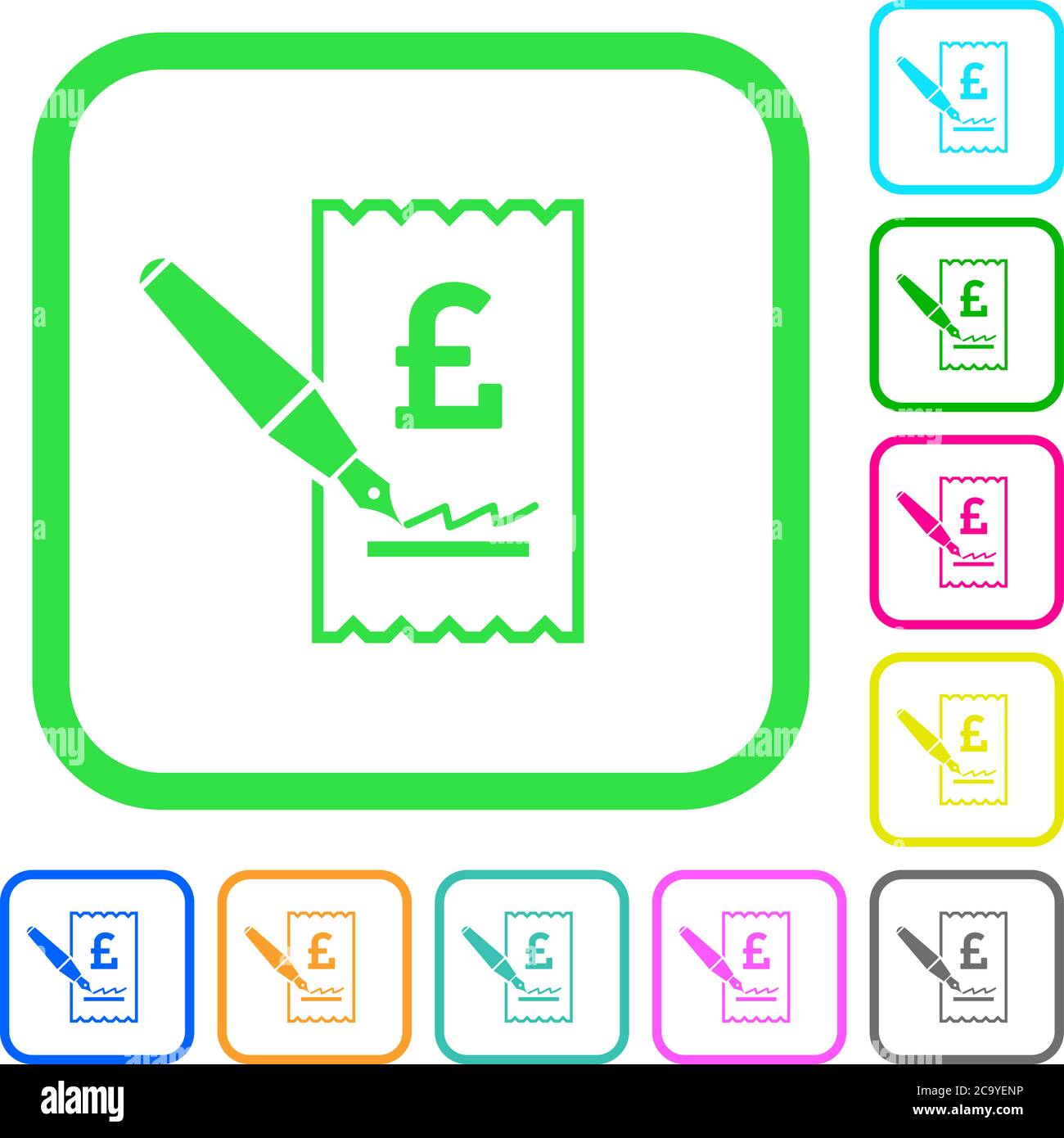 Signing Pound cheque vivid colored flat icons in curved borders on ...