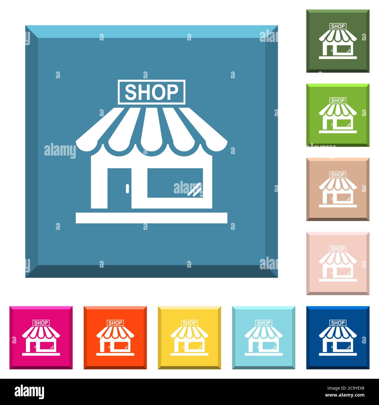 Store front white icons on edged square buttons in various trendy ...