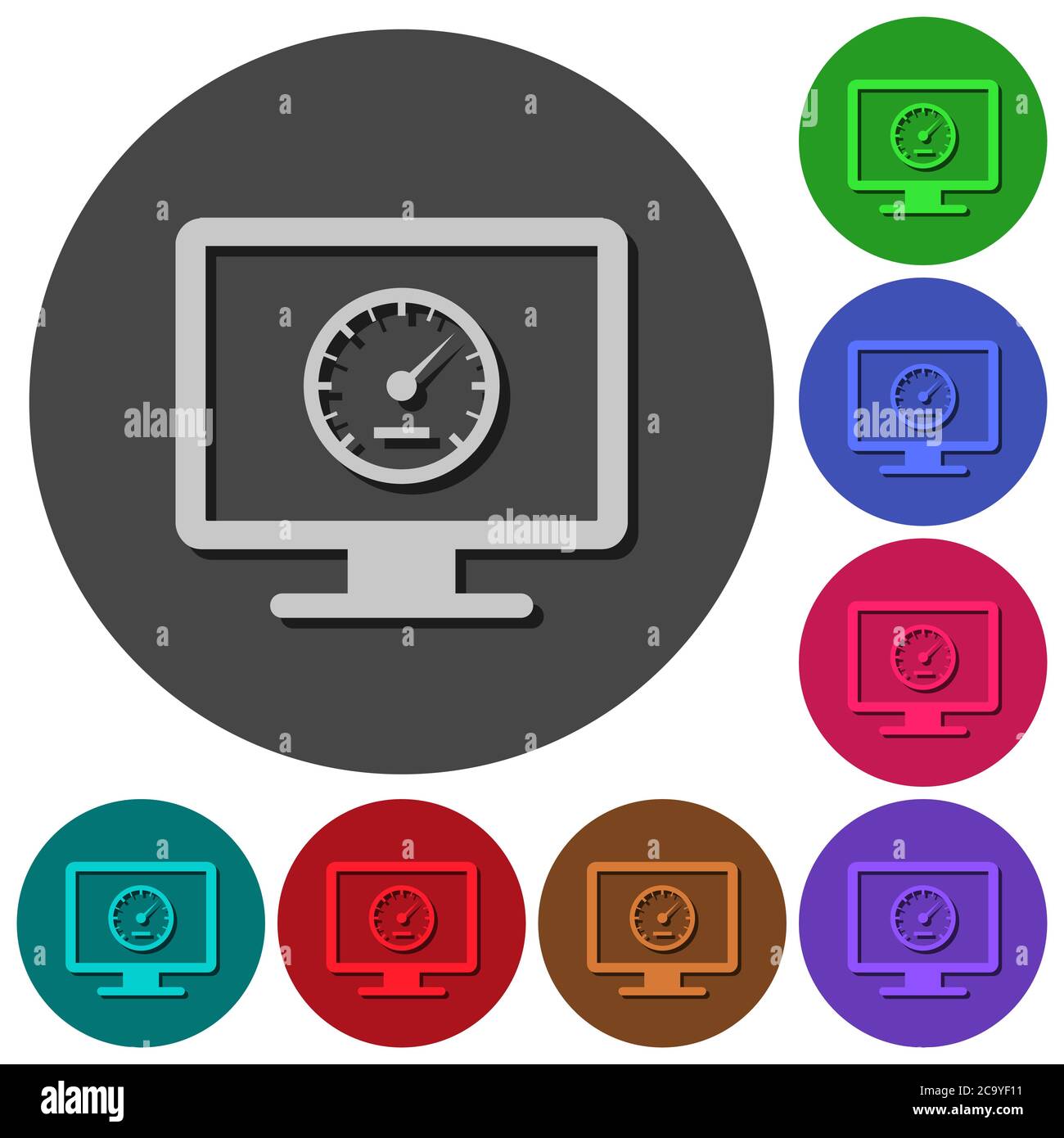 Computer benchmark icons with shadows on color round backgrounds for ...