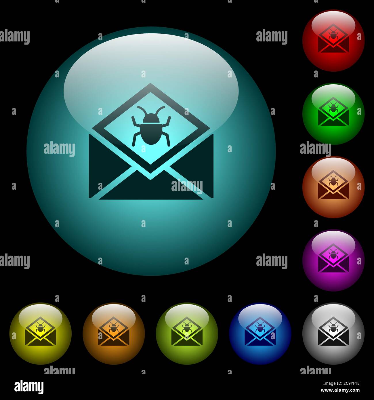 Open mail with malware symbol icons in color illuminated spherical ...