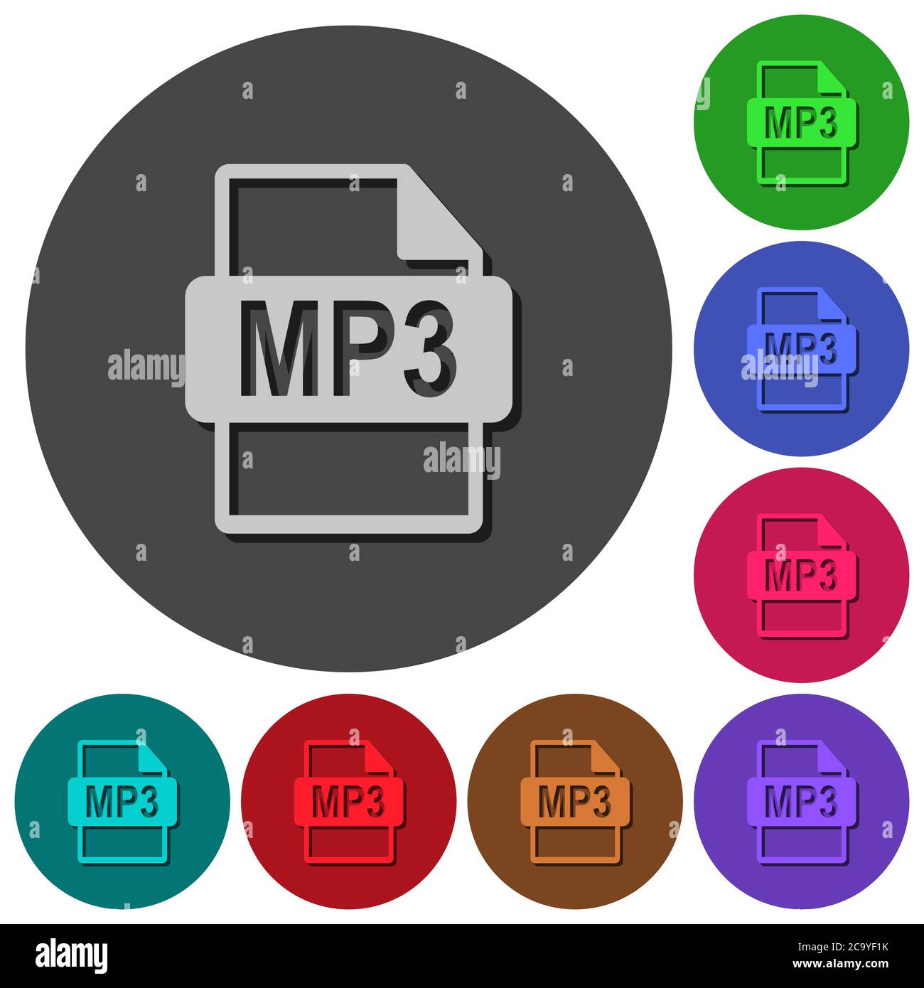 MP3 file format icons with shadows on color round backgrounds for ...