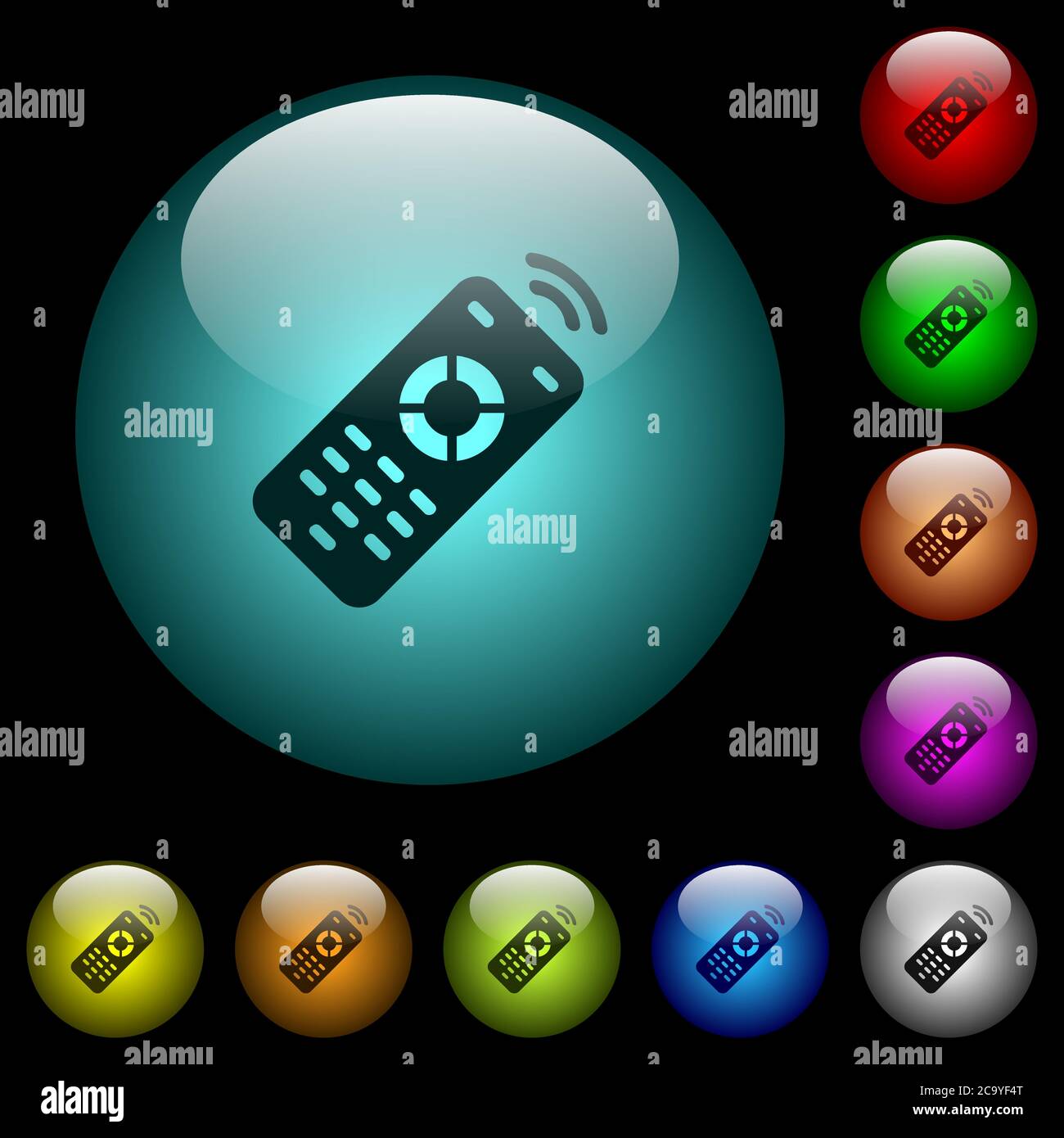 Working remote control icons in color illuminated spherical glass ...