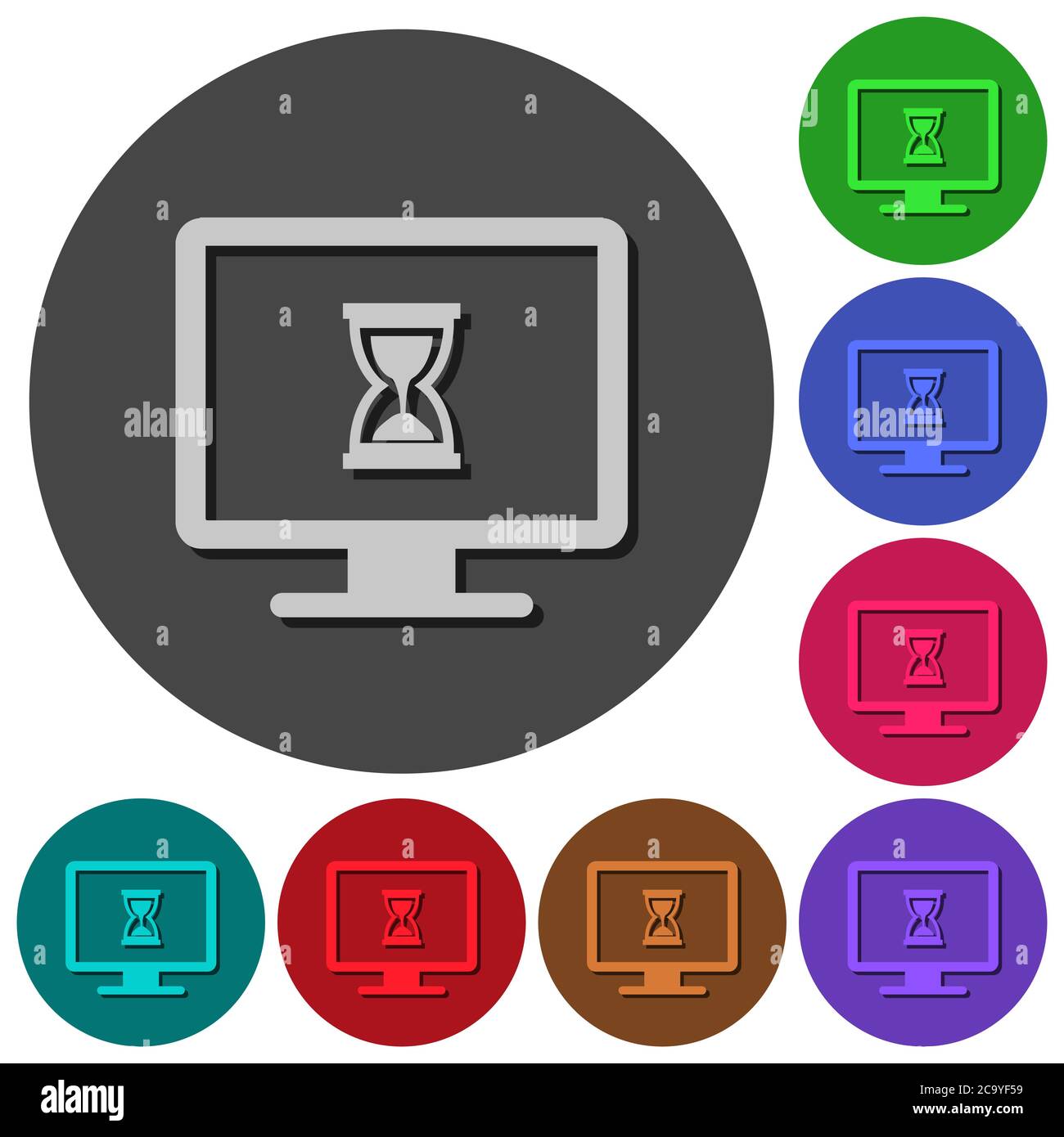Busy computer icons with shadows on color round backgrounds for ...
