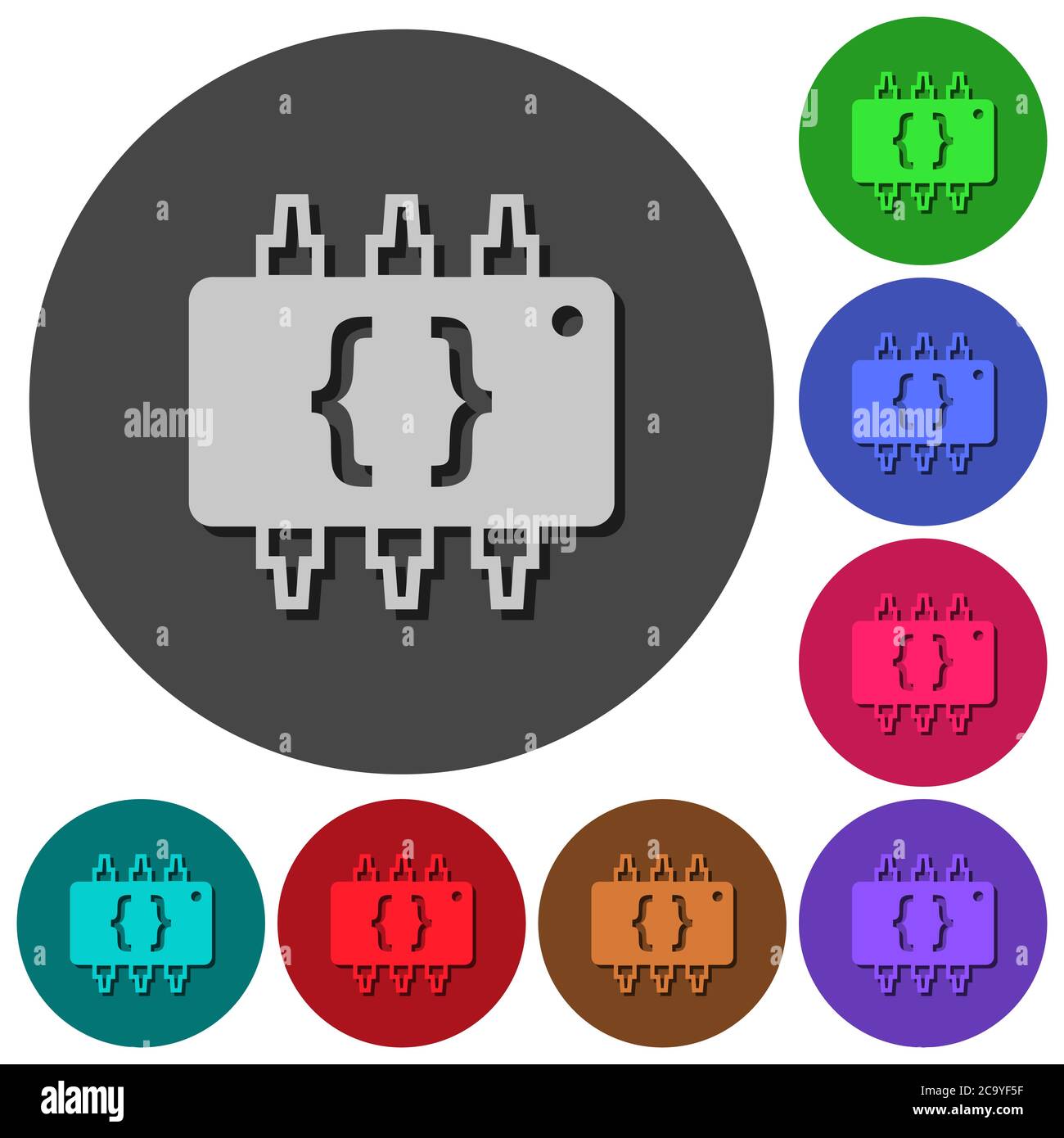 Hardware programming icons with shadows on color round backgrounds for ...