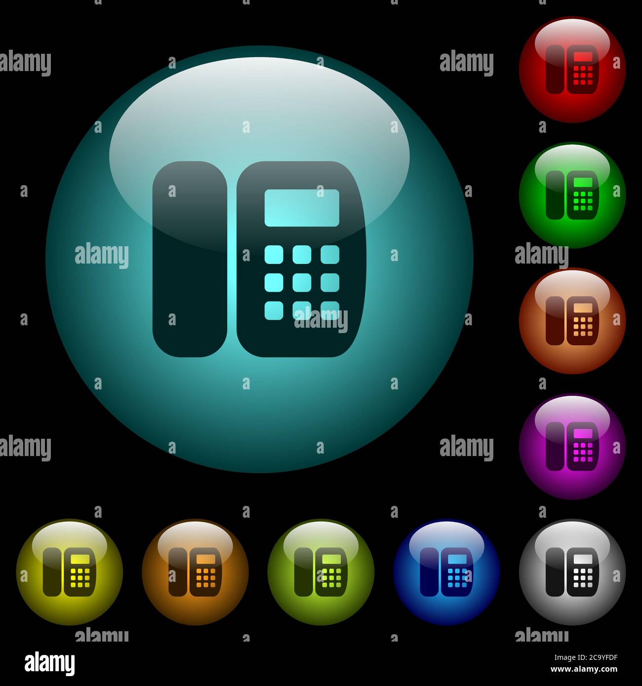 Office phone icons in color illuminated spherical glass buttons on ...