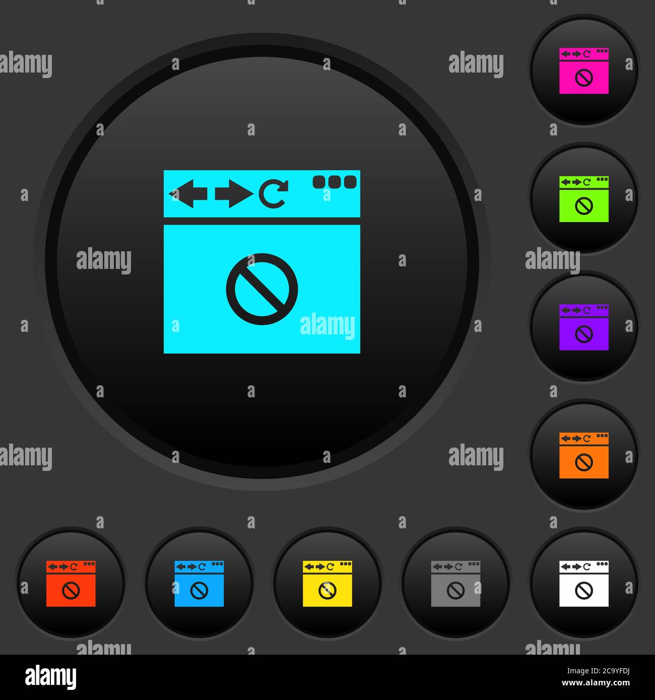 Browser disabled dark push buttons with vivid color icons on dark grey ...