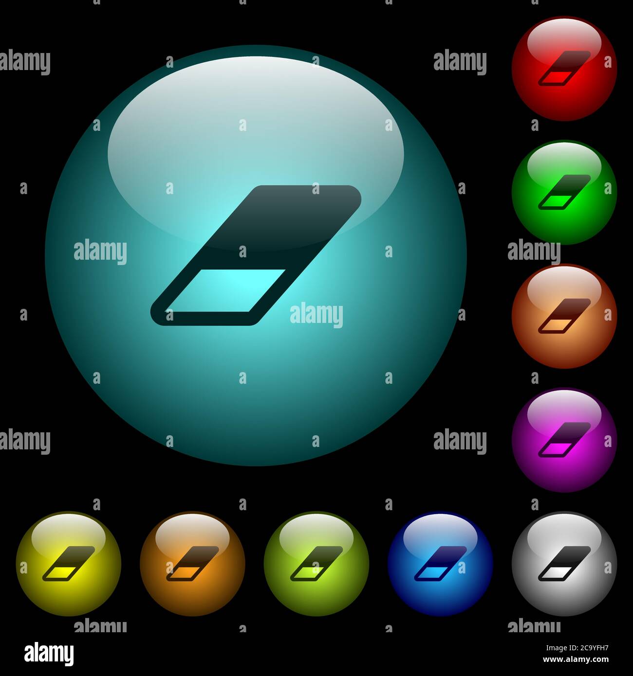 Eraser icons in color illuminated spherical glass buttons on black ...