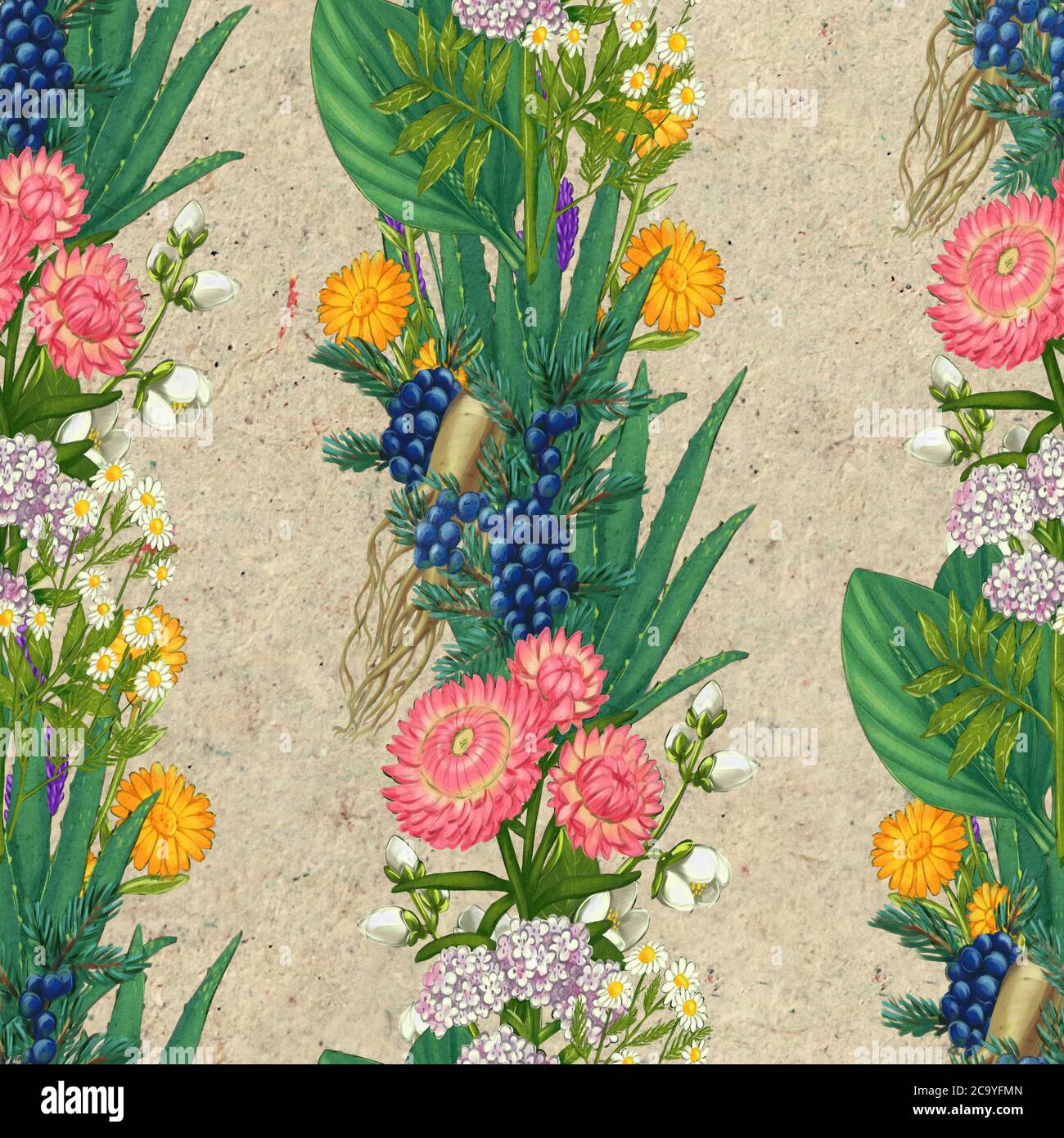 Hand drawn medicinal plant seamless pattern. Healing herbs drawing on ...