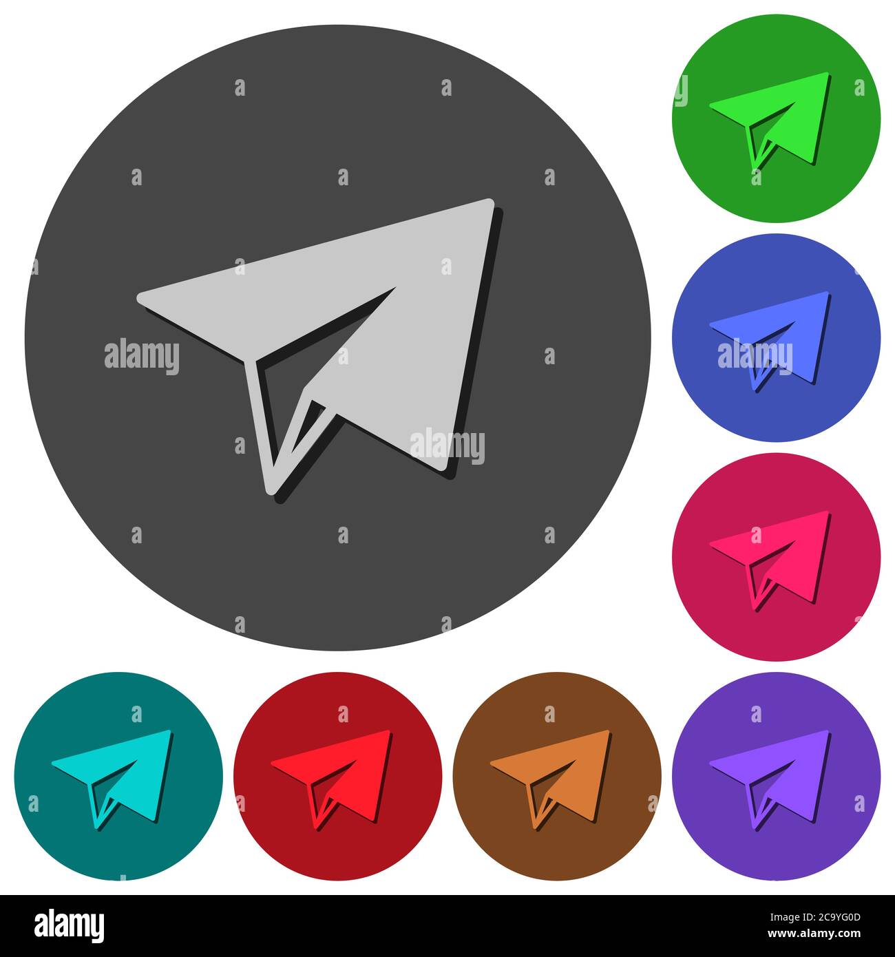 Paper plane icons with shadows on color round backgrounds for material ...