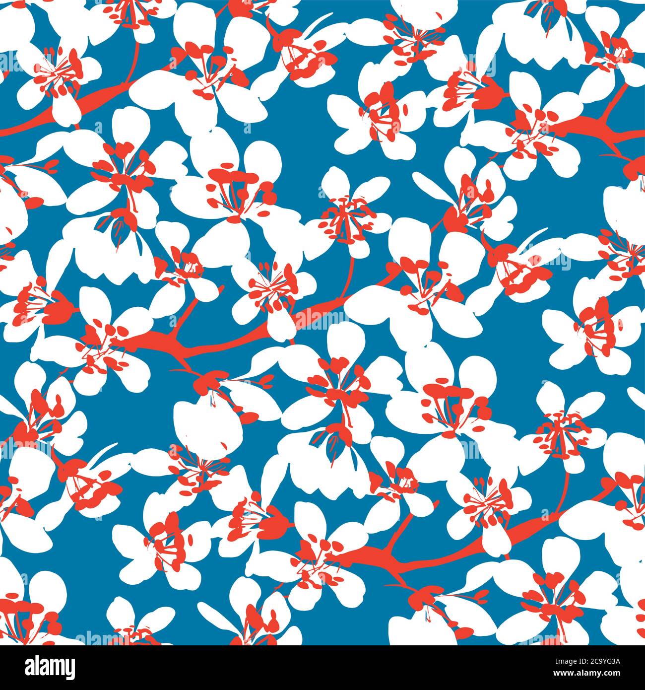 White sakura blossom on classic blue background. Floral seamless ...