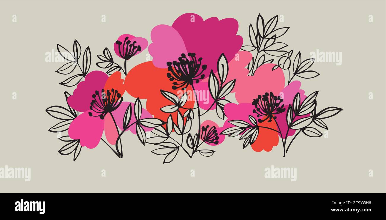 Vivid contrast big pink peony flowers in modern style vector template ...