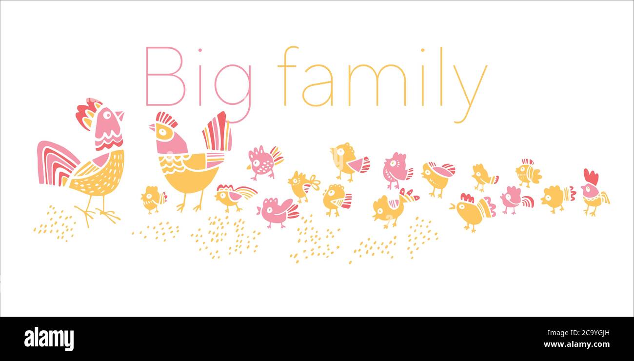 Cute folk style chicken bog family. Rooster, het and their kids fun ...