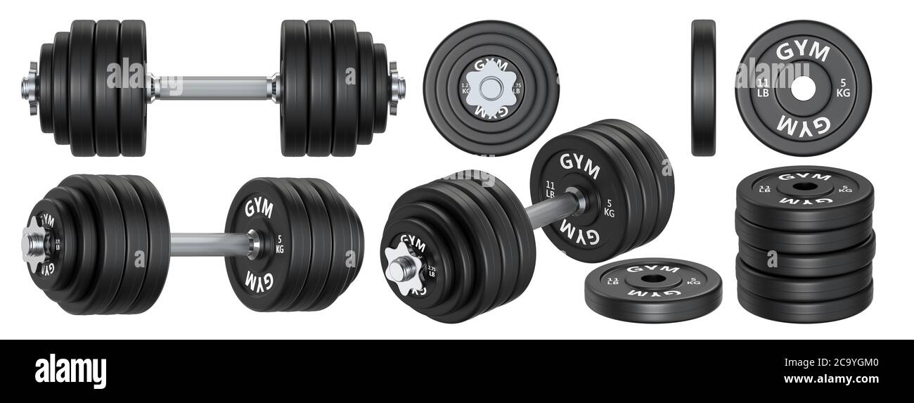 Big set of rubber metal Dumbbells and plate weight. 3d rendering ...