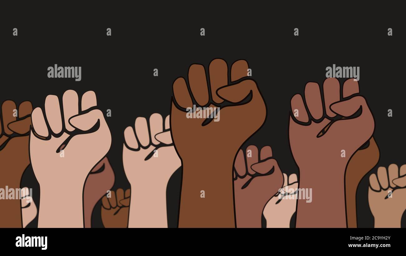 Fists of different skin colors are raised in the air against black ...