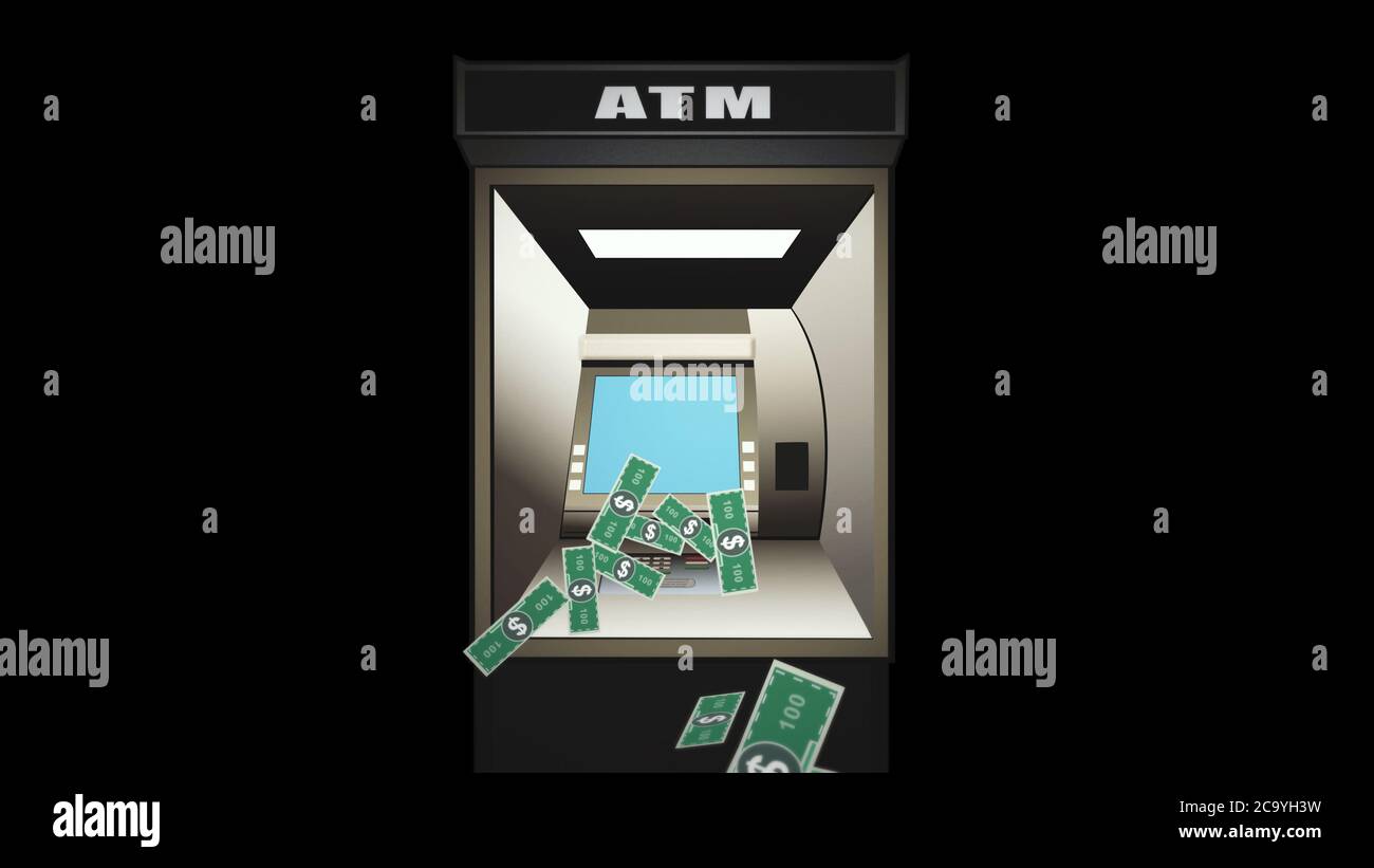 ATM Cash machine throws out bills on black Stock Photo - Alamy
