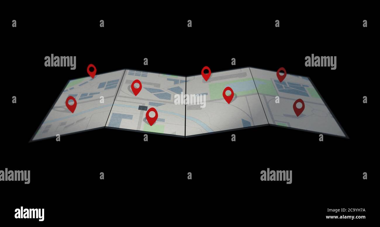 Foldable city map with red pins mark some points in the city. Isolated ...