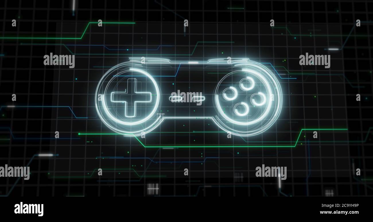 Glowing lines form game controller Gamepad hologram on black Stock ...