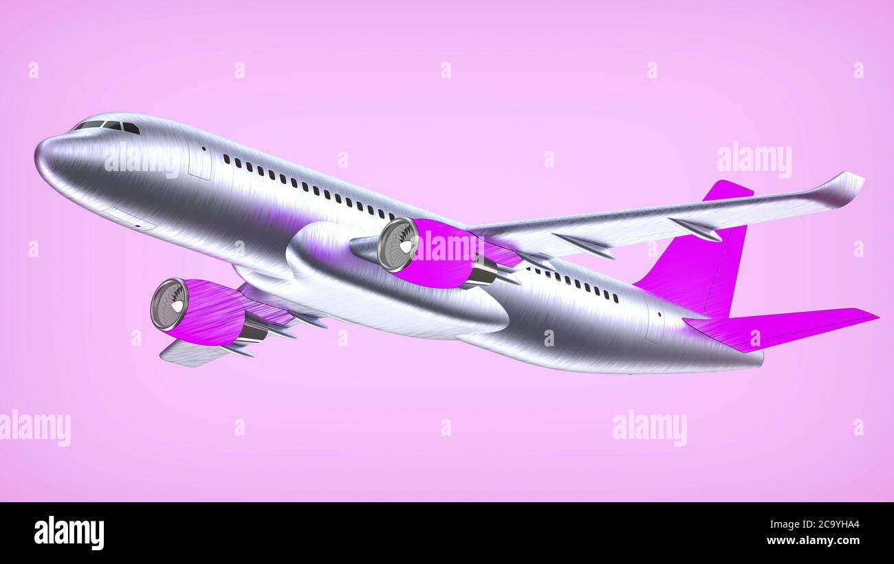 High detailed white airliner with a purple tail wing, 3d render on a ...