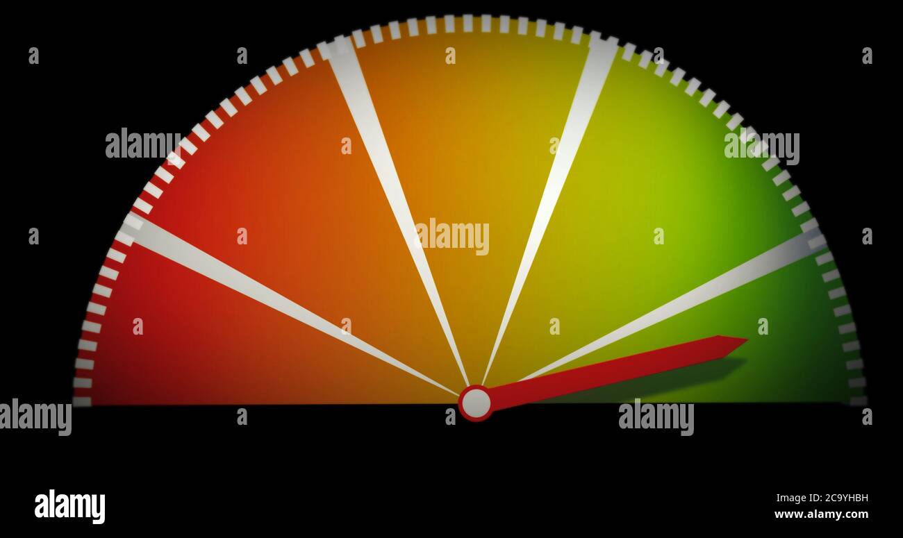 Colorful speed meter with five different color areas. Black background ...