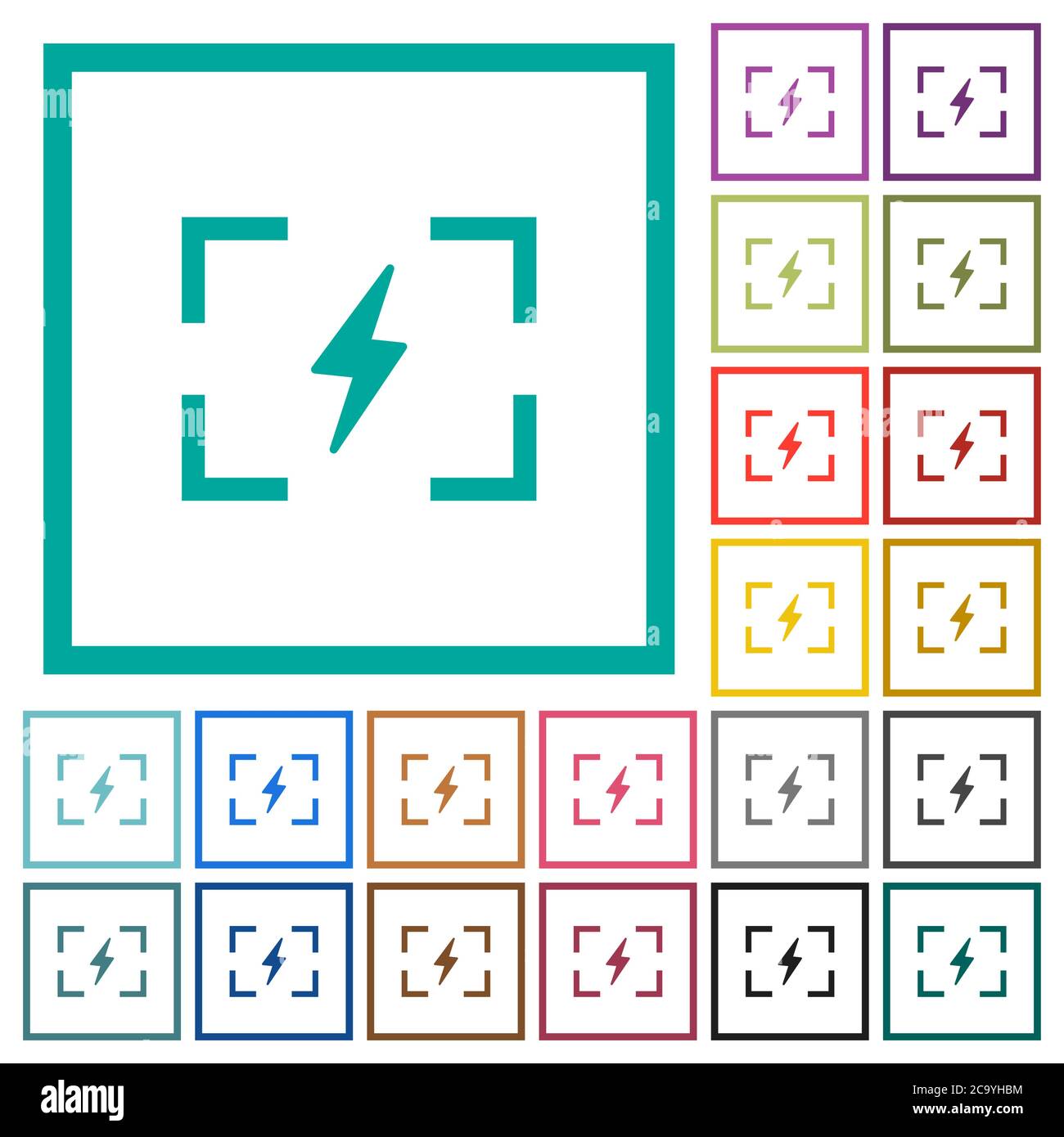 Camera flash mode flat color icons with quadrant frames on white ...