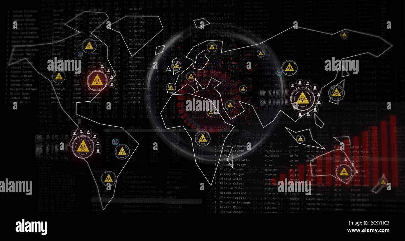 World map overview of virus infected regions on black Stock Photo - Alamy