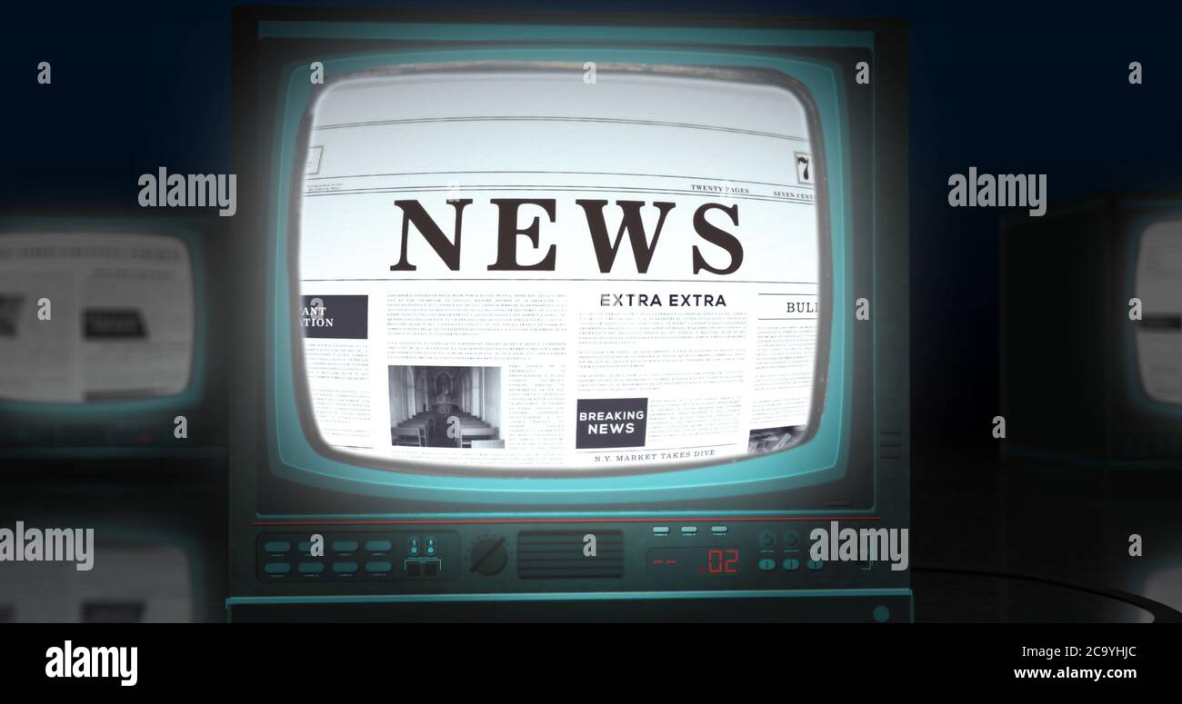 Three-dimensional monitor screen shows newspaper with news headline ...