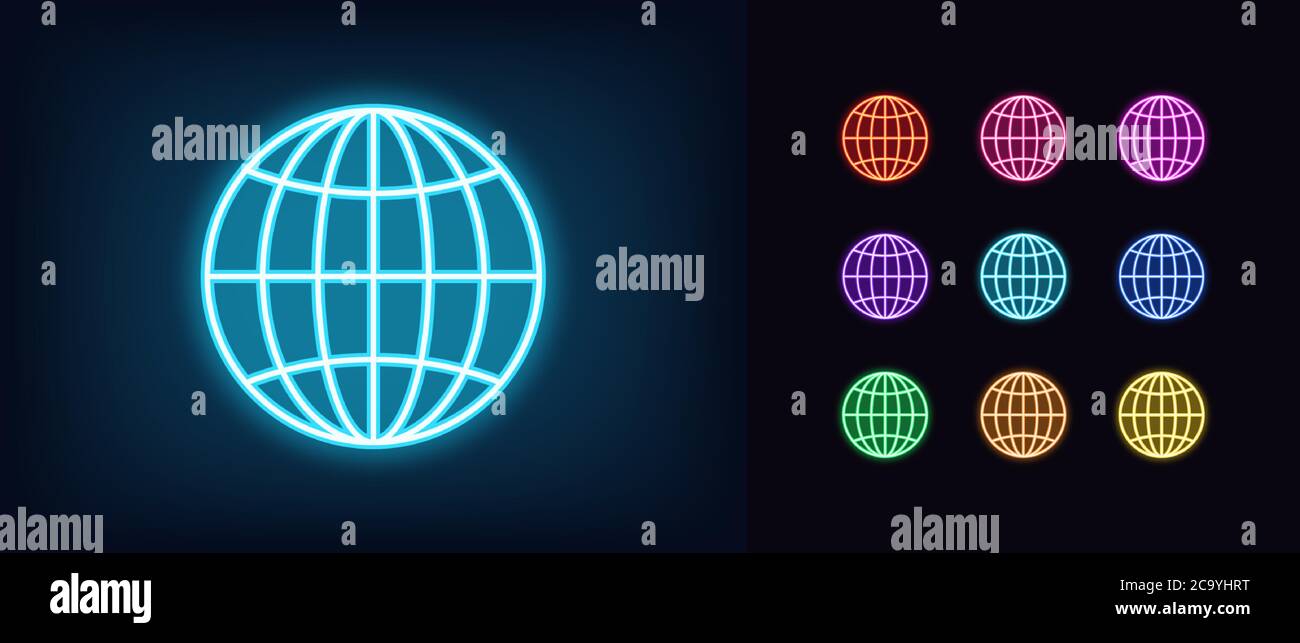 Neon globe icon. Glowing neon world sign, globe internet in vivid ...