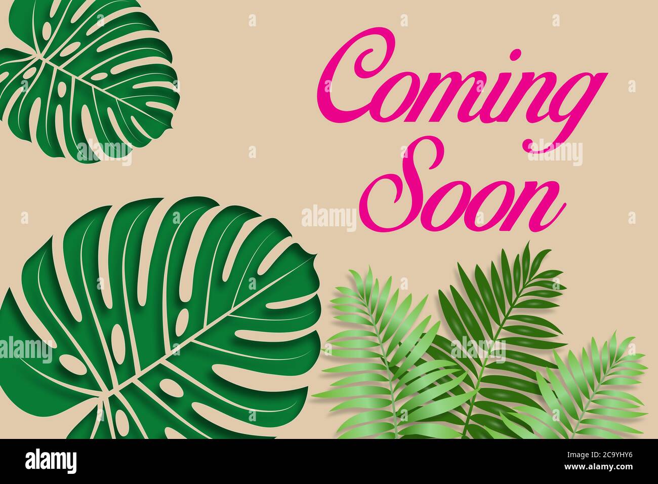 Coming Soon and tropical leaf Background - illustration Stock Photo - Alamy