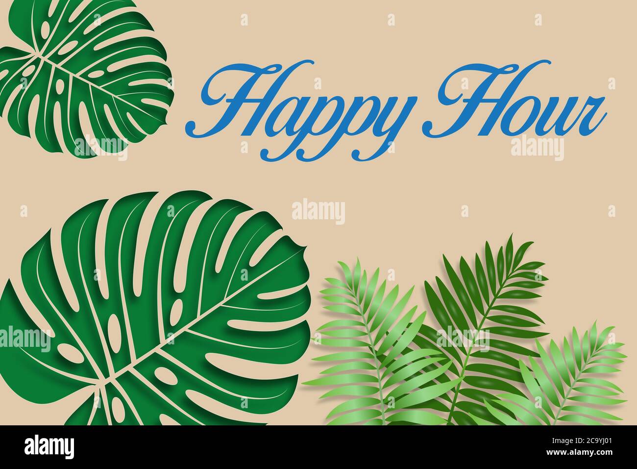 Happy Hour and tropical leaf Background - illustration Stock Photo - Alamy
