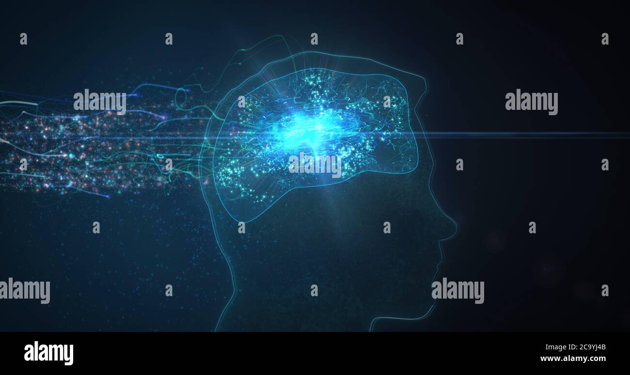 Data streams flow into a person's brain in profile view. Particles ...
