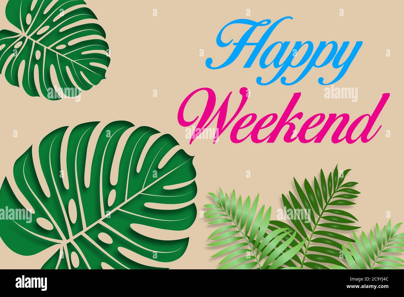 happy Weekend and tropical leaf Background - illustration Stock Photo ...