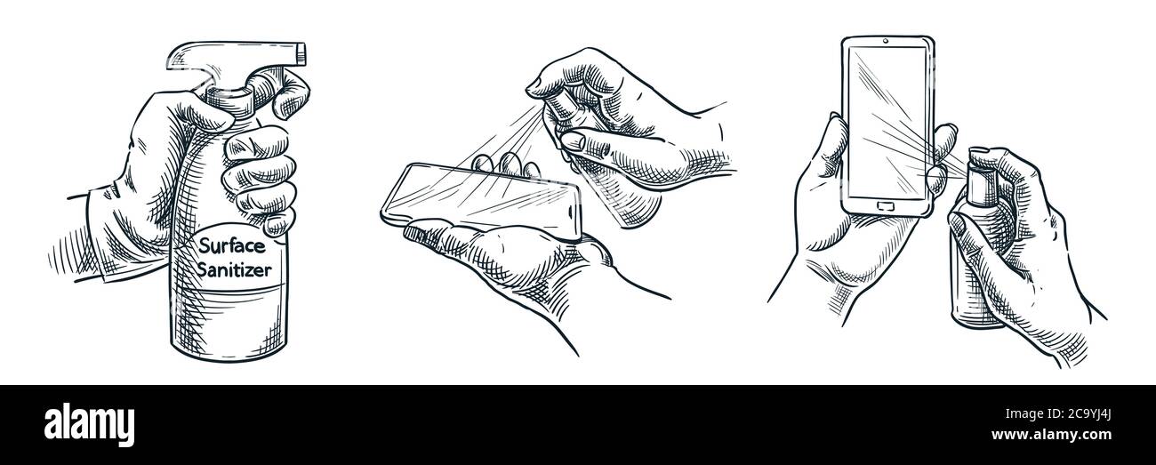 Gadget surface cleaning, sanitation, disinfection. Vector hand drawn ...