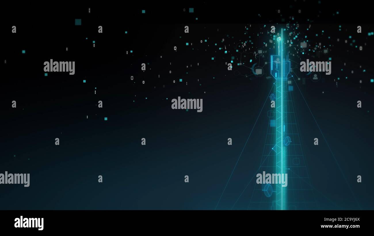Wireframe technology transmission Tower sends binary data packets Stock ...