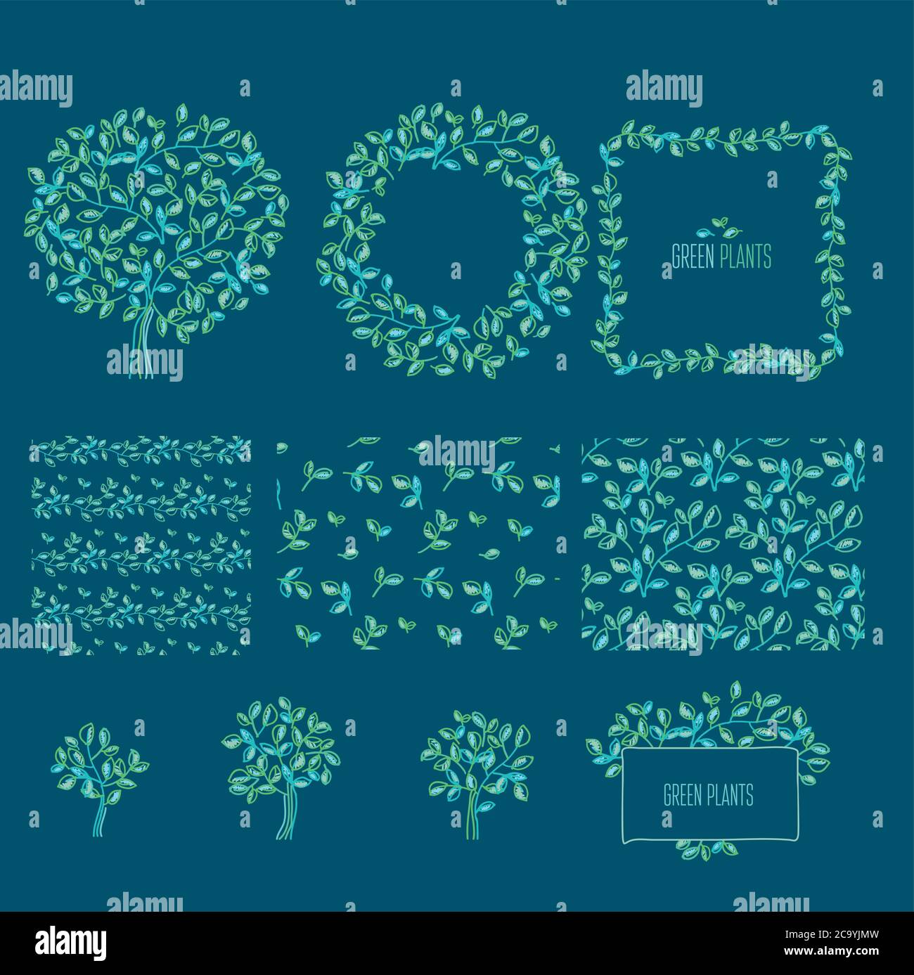 Green leaves design element set: seamless pattern, frames, elements ...