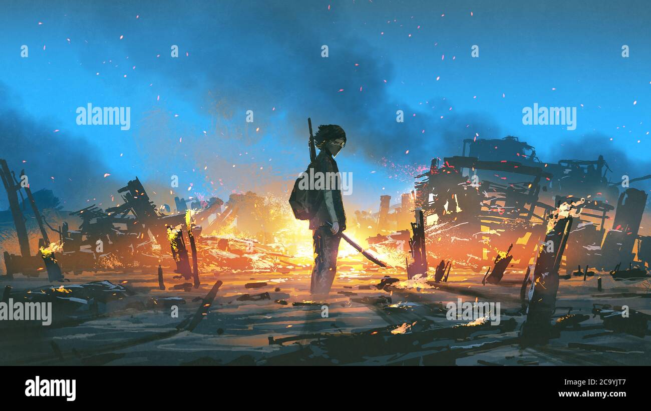young survivor in the apocalyptic world, digital art style ...