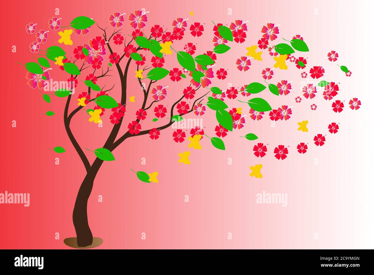 tree flowers illustration red background Stock Photo - Alamy