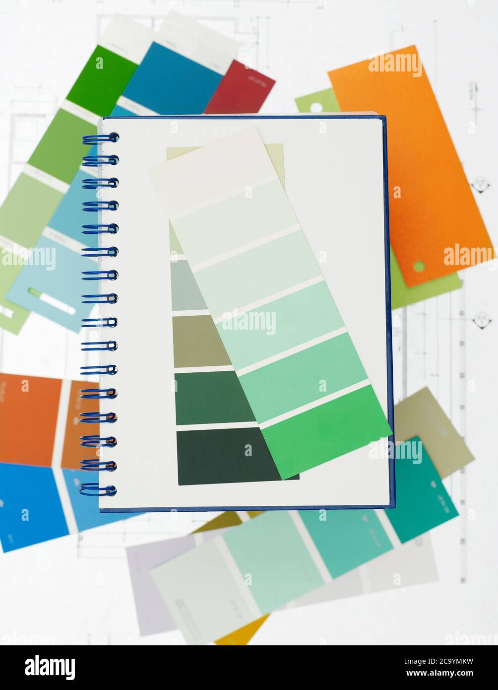 Color swatches, notebook and blueprint Stock Photo - Alamy