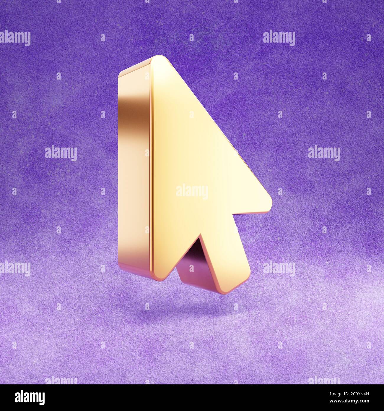 Mouse pointer icon. Gold glossy Mouse pointer symbol isolated on violet ...