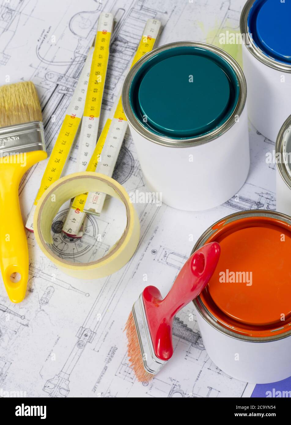 Painting tools on blueprints Stock Photo - Alamy