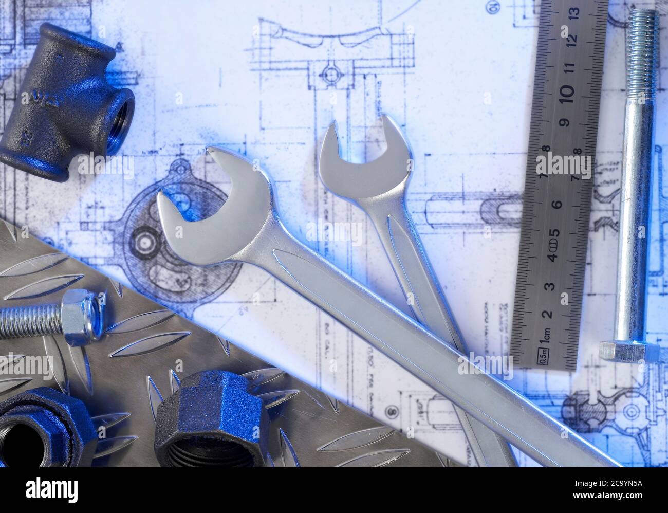 DIY tools on blueprints Stock Photo - Alamy