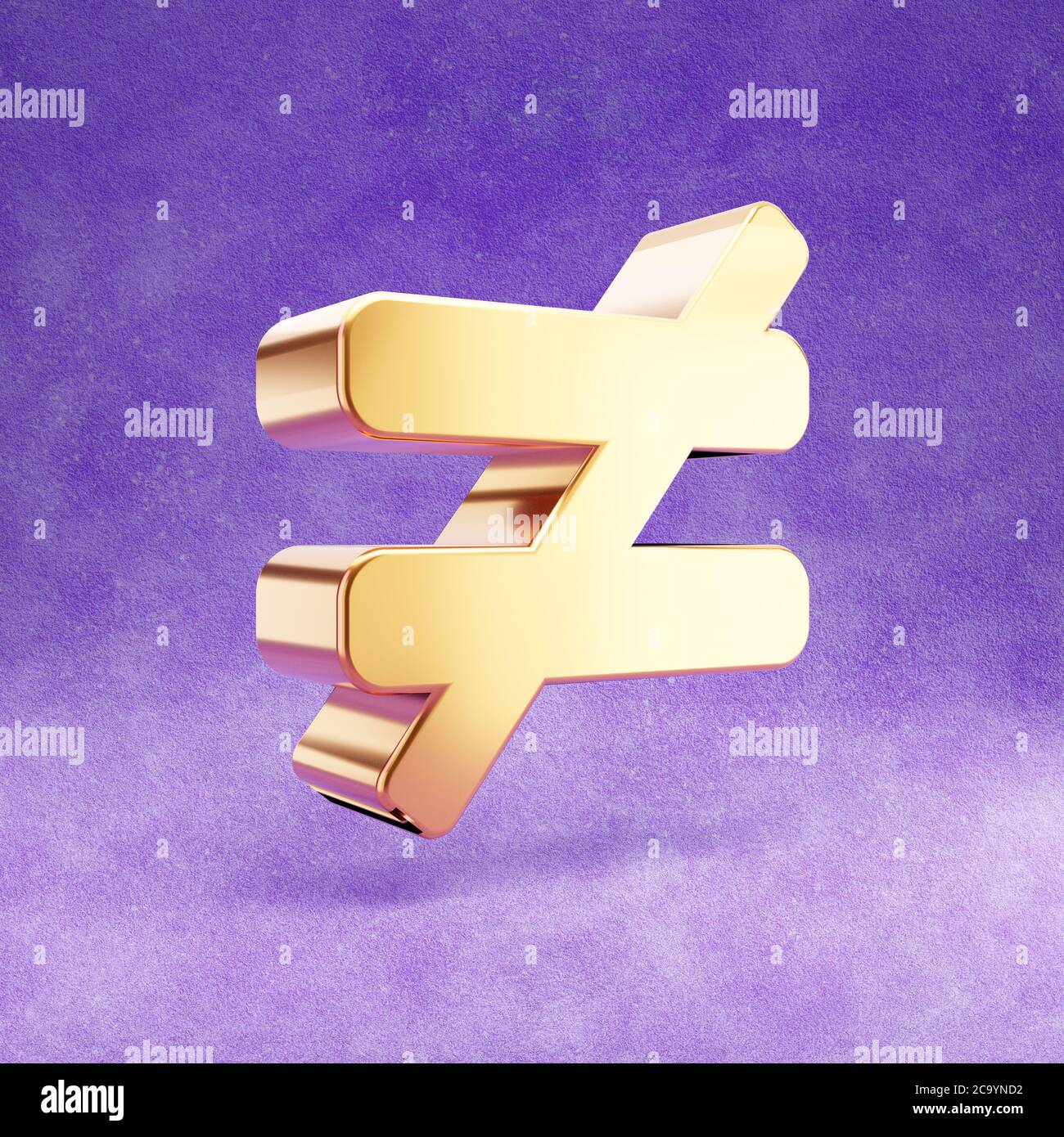 Not equal icon. Gold glossy Not equal symbol isolated on violet velvet ...