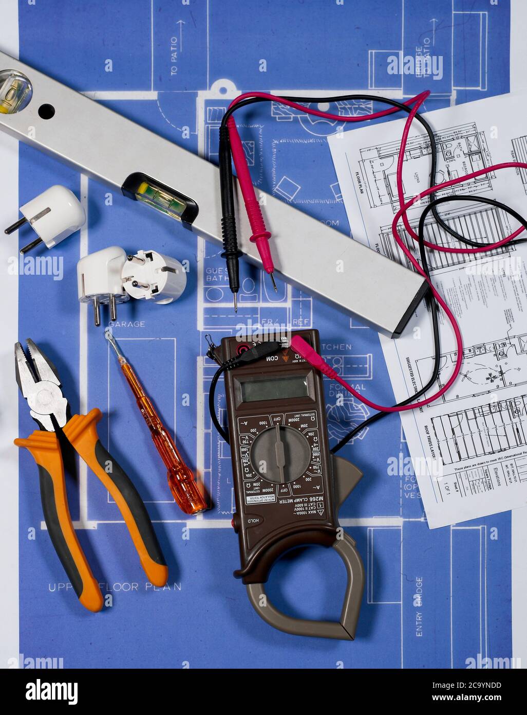 Electric equipment and blueprints Stock Photo - Alamy