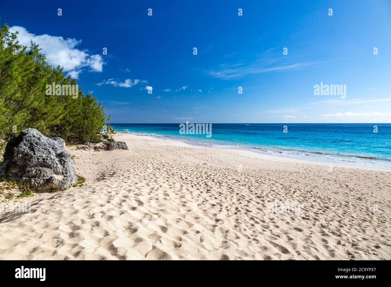 Looking along the idyllic Elbow Beach on the island of Bermuda, with a ...