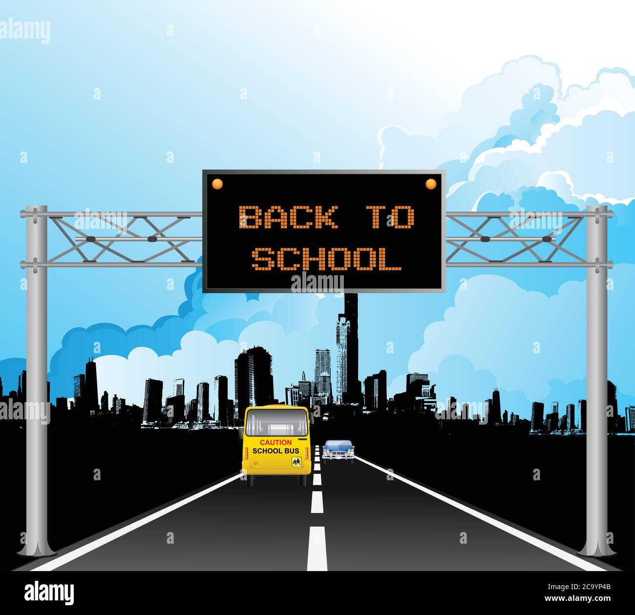 Roadway overhead digital gantry sign with back to school message set ...