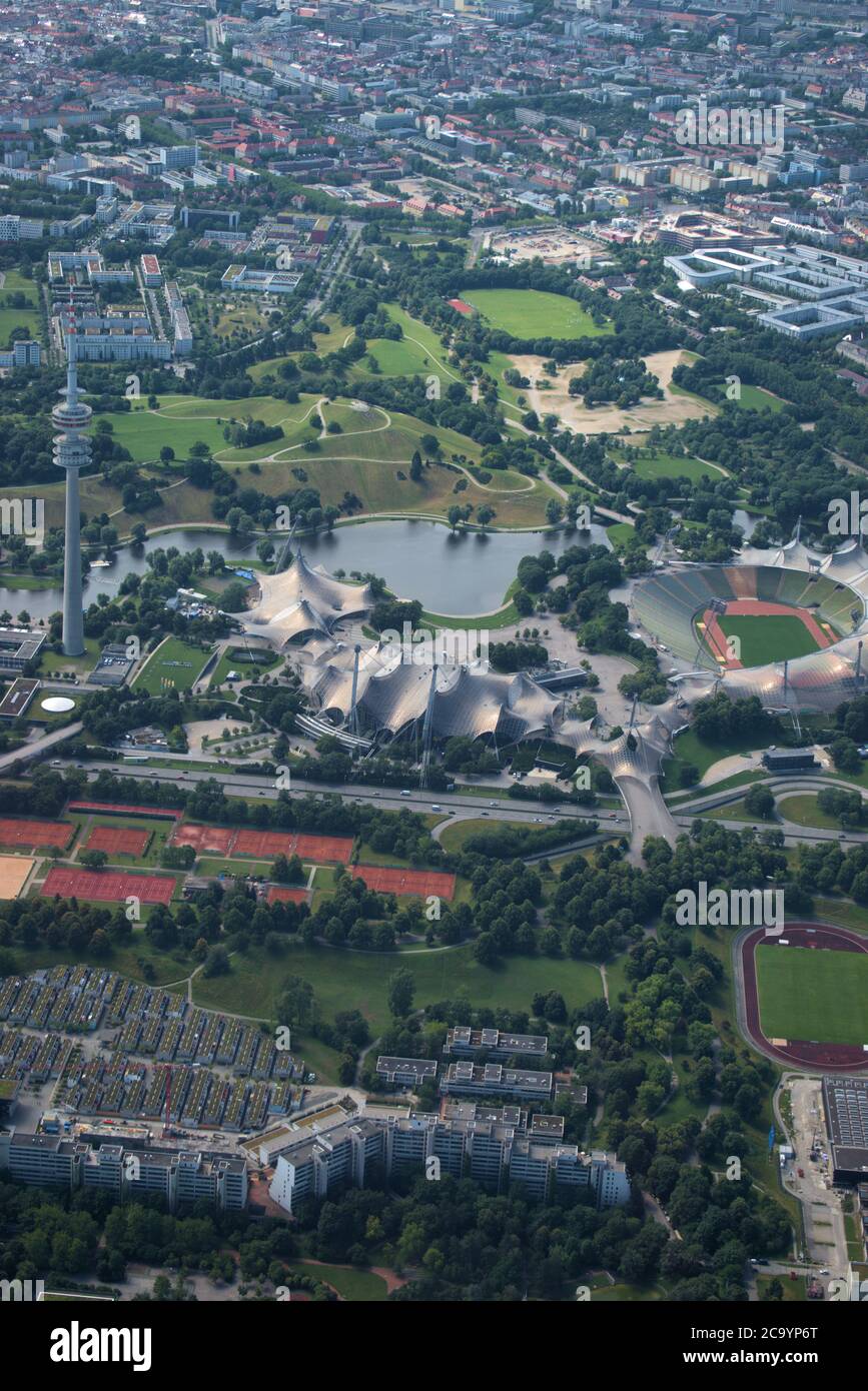 Munich from above the tower in the olympic park hi-res stock ...