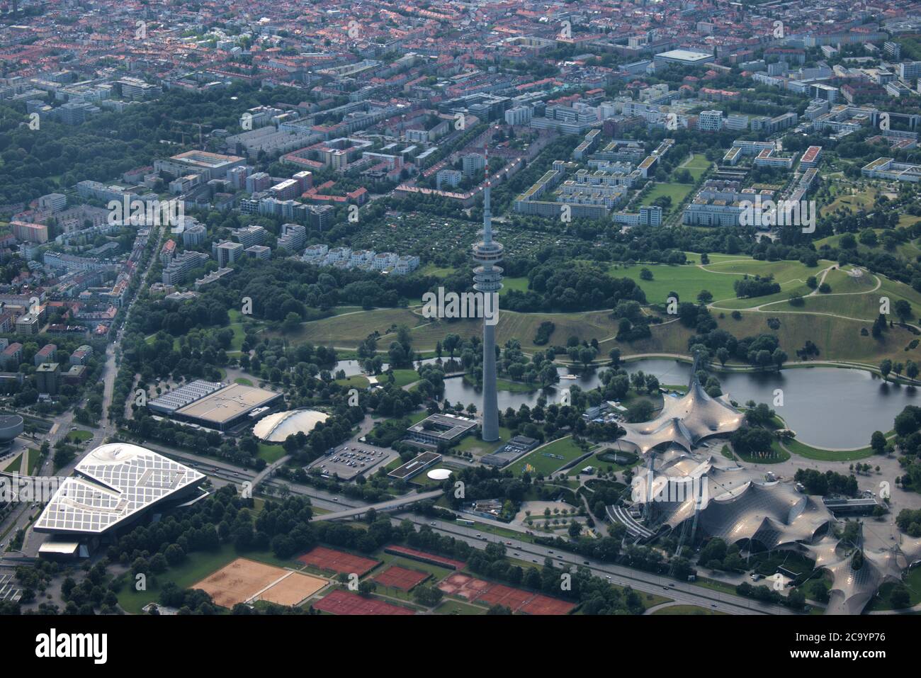 Munich from above the tower in the olympic park hi-res stock ...