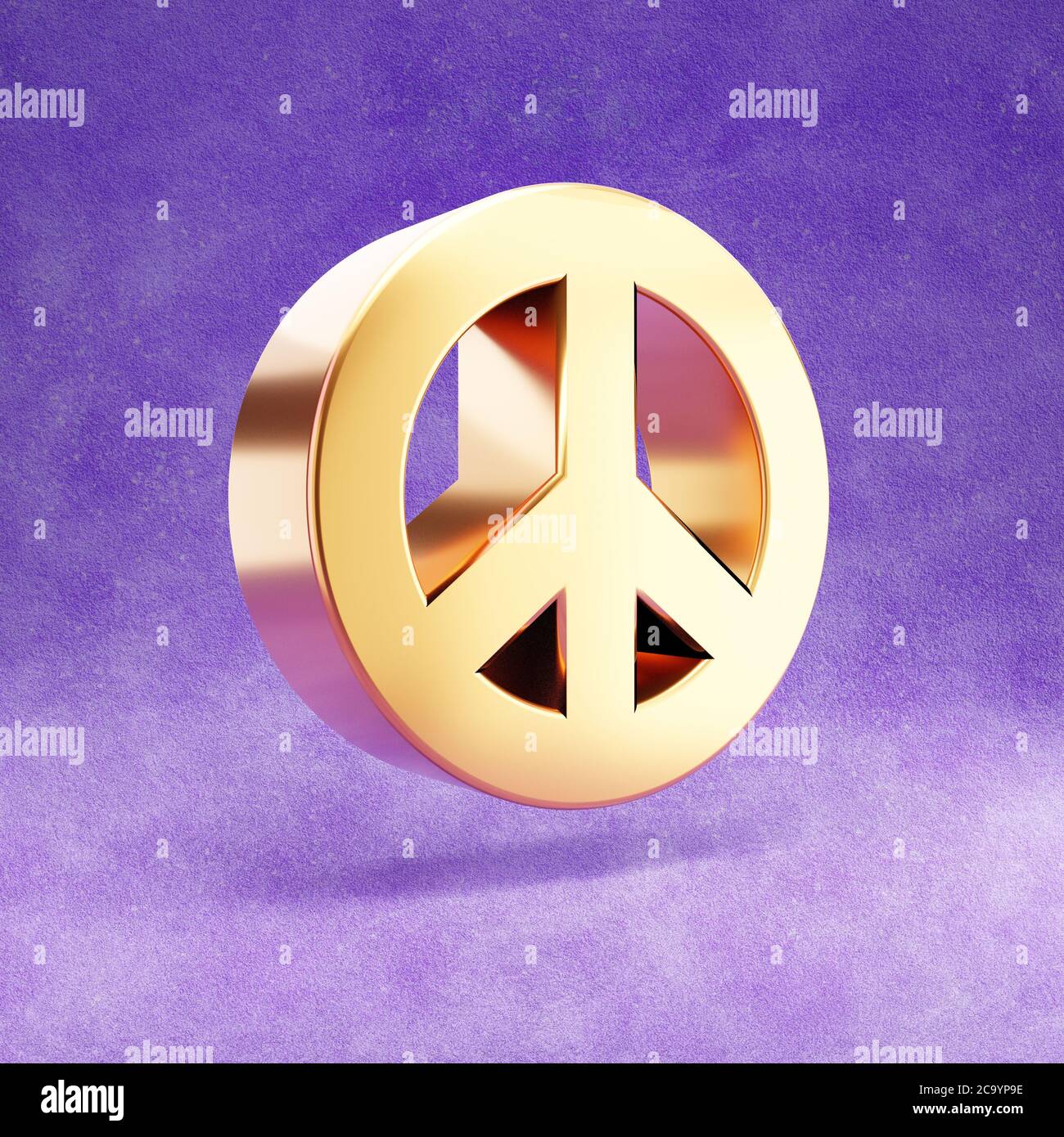 Peace icon. Gold glossy Peace symbol isolated on violet velvet ...